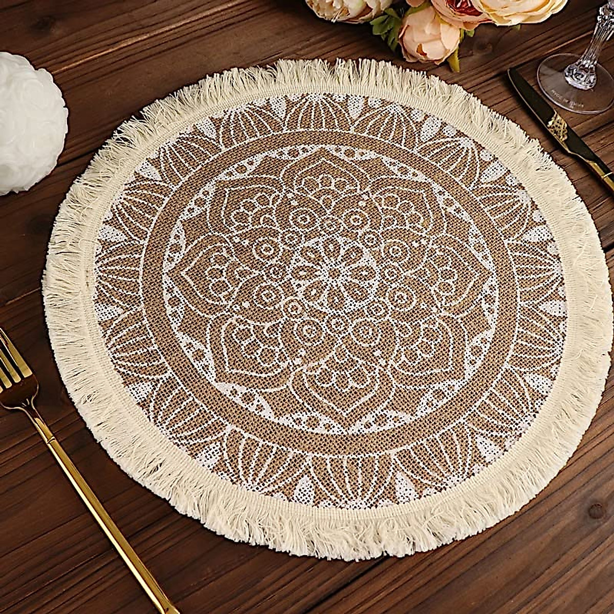 BalsaCircle 4 Natural 15 in Round Burlap Jute Placemats White Mandala Print Fringe Trim Wedding Party Events Decorations Supplies