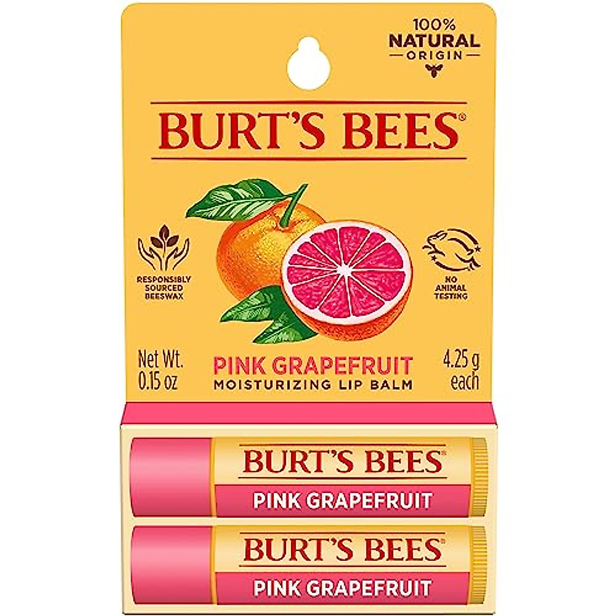 Burt's Bees Lip Balm - Pink Grapefruit, Lip Moisturizer With Responsibly Sourced Beeswax, Tint-Free, Natural Origin Conditioning Treatment, 2 Tubes, 0.15 oz.