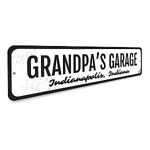 Grandpa's Garage Sign, Garage Location City State Sign, Custom Mechanic Man Cave Aluminum Décor - 6 x 24