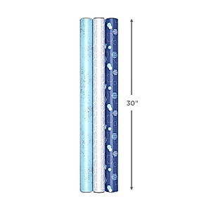 Hallmark Blue and Silver Wrapping Paper Set (3 Rolls: 90 Sq. Ft. Ttl, 10 Bows, Ribbon, Gift Tag Stickers) for Birthdays, Hanukkah, Father's Day, Graduations, Weddings