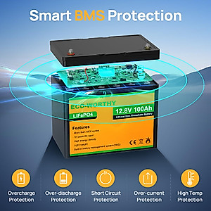 ECO-WORTHY 12V 100AH LiFePO4 Battery with 15000 Cycles, BMS - For RV, Marine, Solar Home Off-Grid System