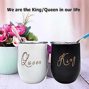 2 Pack 12oz Insulated Wine Tumbler with Lid Straw, Stemless Wine Glasses, Unbreakable Stainless Steel Thanksgiving Christmas Wedding Wine Glass Set Gift, Travel Use Coffee Cup, Gift for Parents Couple