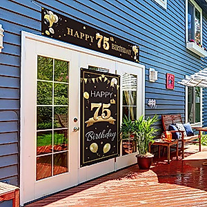 PAKBOOM Happy 75th Birthday Door Cover Porch Banner Sign Set - 75 Years Old Birthday Decorations Party Supplies for Men - Black Gold