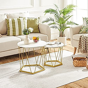 HOOBRO Round Coffee Table Set of 2, Gold Coffee End Table with Metal Frame, Small Coffee Table for Living Room Bedroom Balcony Yard, Modern Style, White and Gold, GD80BZ01