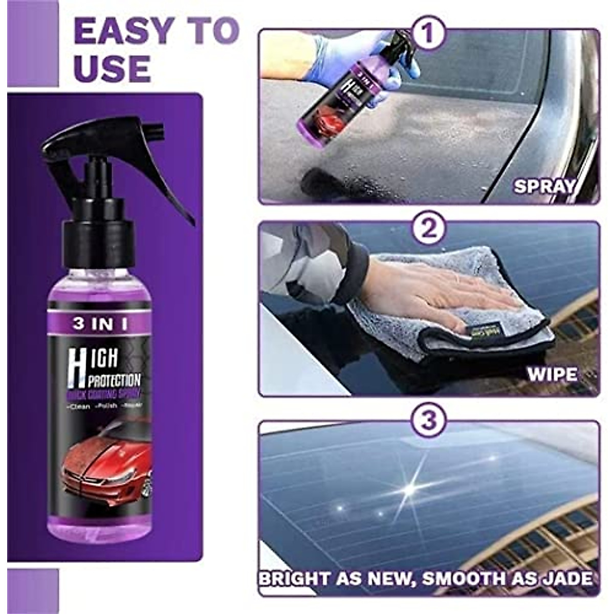 3 in 1 High Protection Quick Car Coating Spray, Ceramic Coating Fortify Quick Coat Car Wax Polish Spray for Cars, Plastic Parts Refurbish Agent, 3 in 1 high protection car coating spray (100 ML, 2PCS)