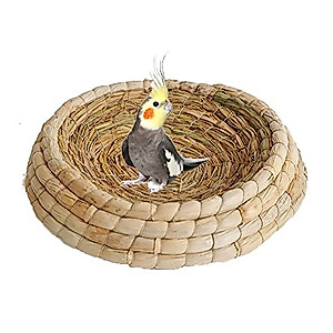 Handwoven Straw Bird Nest Cage for Parrot Macaw African Greys Budgies House Hatching Breeding Cave Also for Dove Hamster Gerbil Chinchillas (L)