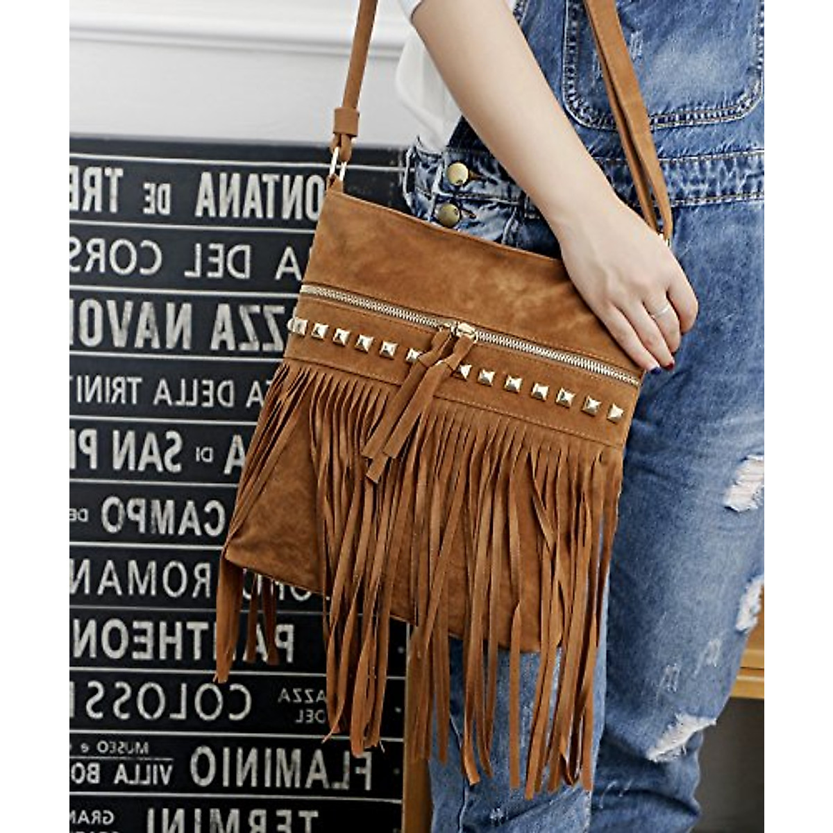 Women Hobo Fringe Crossbody Bag Vintage Small Bohemian Tassel Shoulder Bag Studded Faux Suede Western Hippie Boho Purse (Brown,One Size)