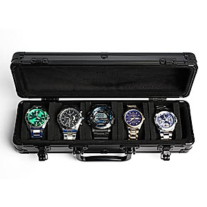 RIGICASE Aluminum 5 slots Hard men's watch box case, Luxury watch display storage organizer box with soft foam pillows snug fit all size watches up to 60mm face