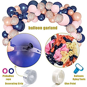Gender Reveal Decorations Navy Blue and Blush Gender Reveal Backdrop ,He or She Gender Reveal Tablecloth, Navy Blue and Rose Gold Gender Reveal Balloons Garland Kit for Baby Shower Party Supplies