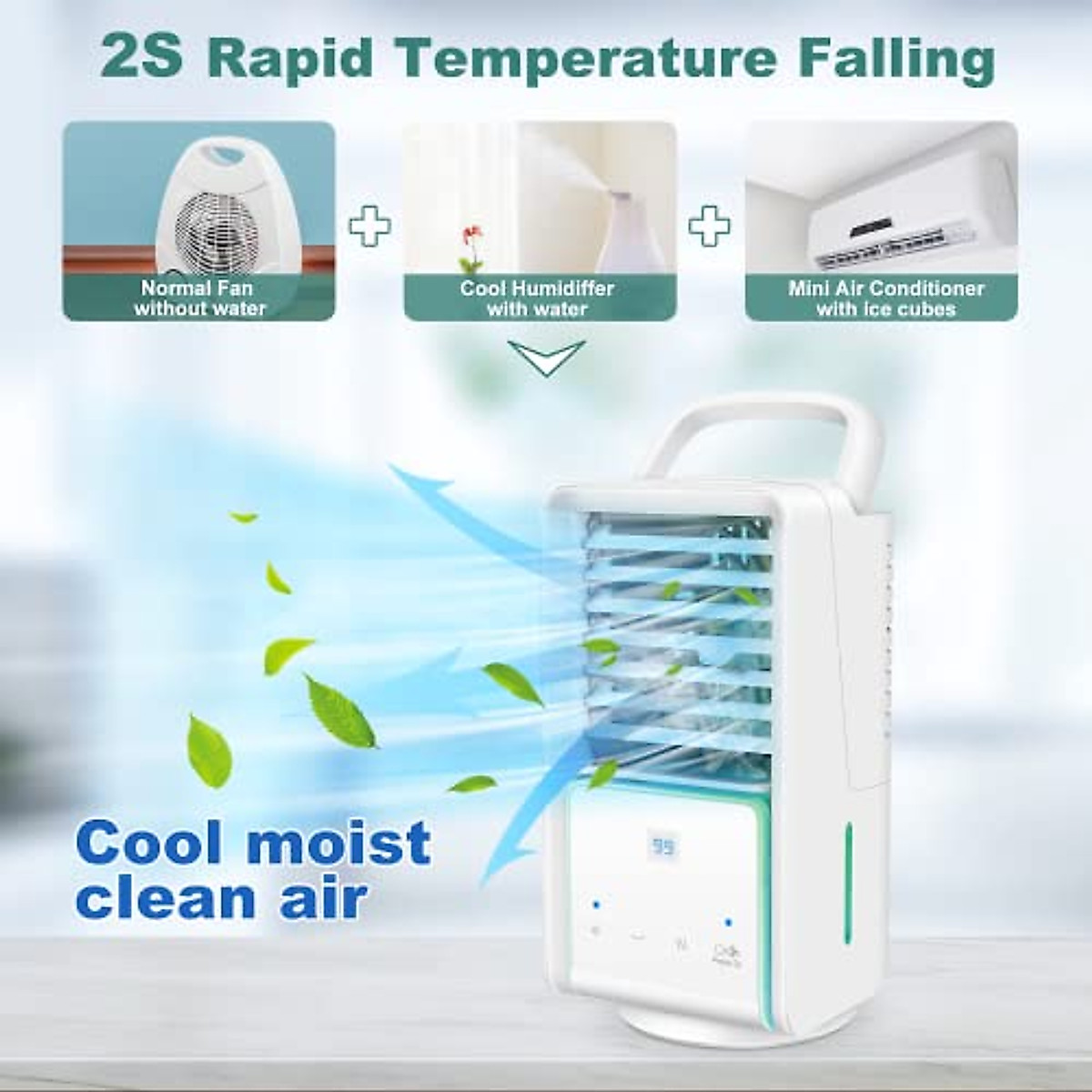 Ancokio Personal Air Cooler, 4 in 1 Personal Desktop Cooling Fan 3 Speeds 7 Colors Light, Evaporative Portable Air Conditioner with White 11.14 x 6.89 x 6.57 inches