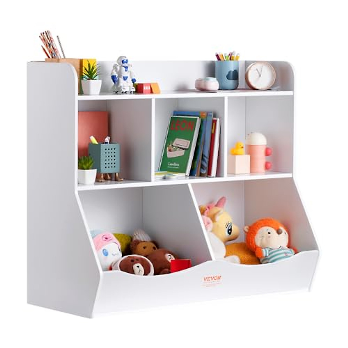 VEVOR Wood Kid Toy Storage Organizer with Bookshelf, 35" W Storage Cubby, Larger 5-Cubby Wood Toy Storage Cabinet, Children Book Toy Shelf for Kids Room, Playroom, Kindergarten, Nursery, White