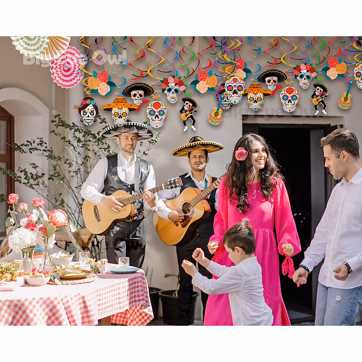 Day of the Dead Sugar Skull Hanging Swirl Decorations dia de los muertos Ceiling Streamers Party Decor Mexican Theme Party Supplies Skull Guitar Flower Halloween Baby Shower Set of 20