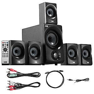 Acoustic Audio AA5172 700W Bluetooth Home Theater 5.1 Speaker System with FM Tuner, USB, SD Card, Remote Control, Powered Sub (6 Speakers, 5.1 Channels, Black with Gray)