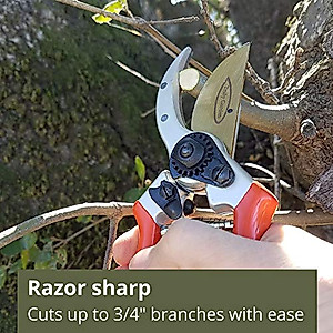 Hand Pruners with Leather Sheath. These 8.5" Bypass Pruning Shears have a forged aluminum handle and hardened steel blade.
