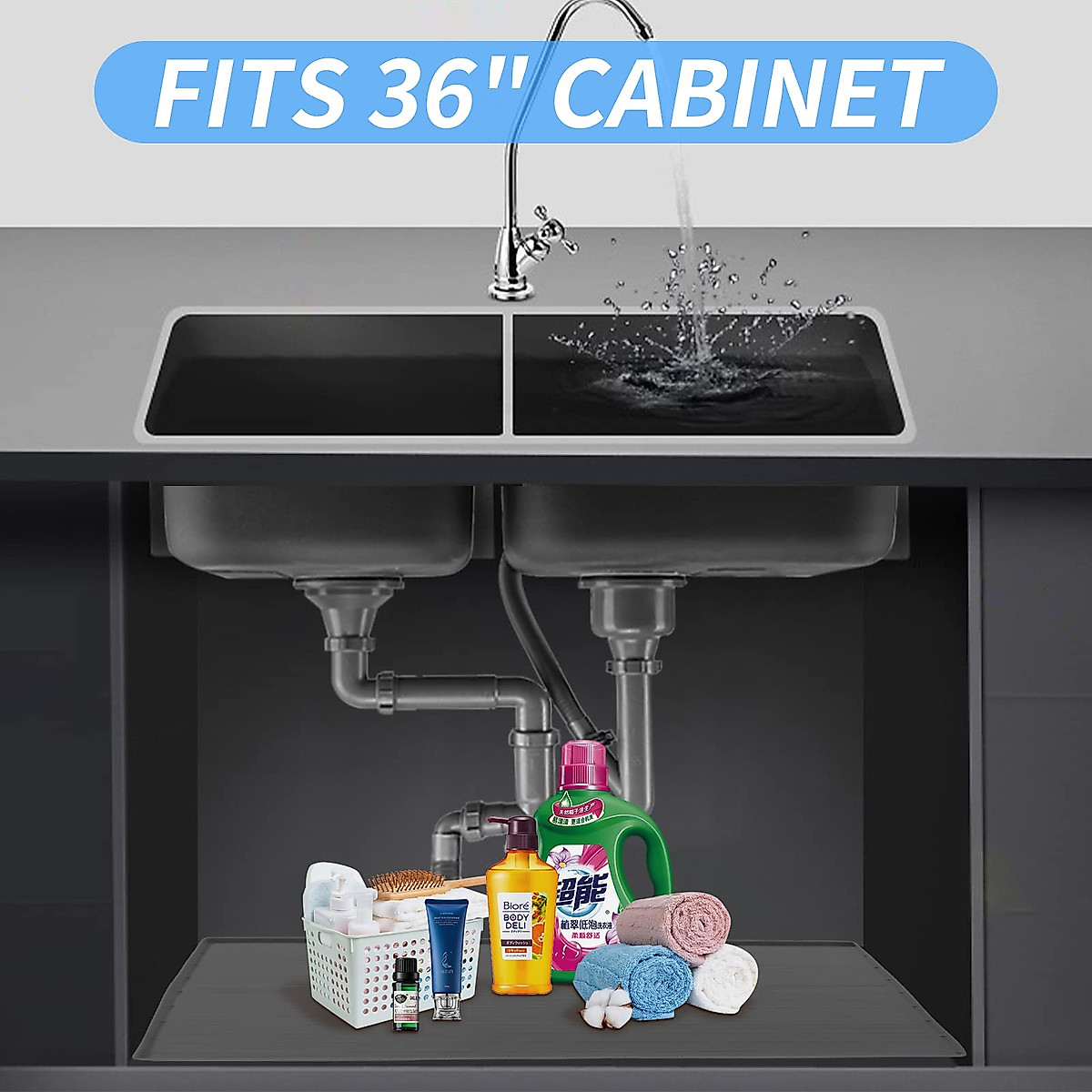 Under Sink Mat Waterproof, 34''x22'' Silicone Under Sink Liner, Durable Cabinet Protector Mats With Drain Hole, Kitchen Bathroom Under Sink Liner Drip Tray for Water Drips, Leaks, Spills (Grey)