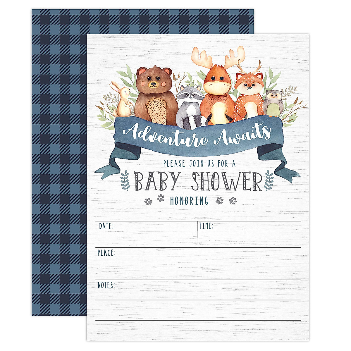 Blue Woodland Baby Shower Invitations, Forest Animal Baby Shower Invitations for Boy, Adventure Awaits Lumberjack with Bear, Moose, Raccoon, Deer, Baby Sprinkle, 20 Fill in Invitations and Envelopes