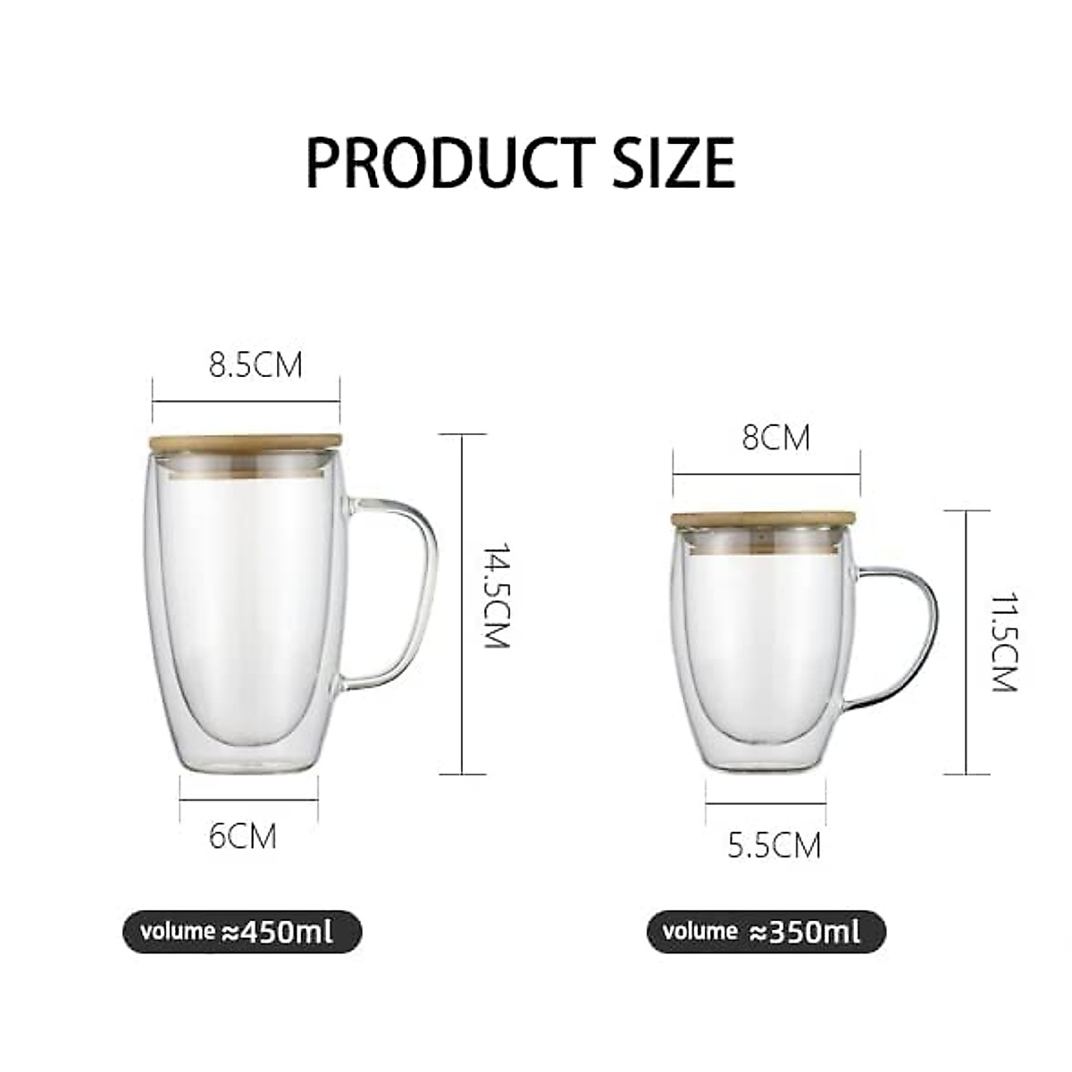 15 Oz Double Walled Coffee Cups Glass Coffee Mugs Clear Coffee Mug with Lid Insulated Coffee Mug Perfect for Cappuccino,Tea,milk ,Espresso,juice, Hot Beverage with Handle (15oz, with bamboo lid)