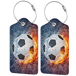 Soccer Ball Luggage Tags for Suitcases Travel, 2 Pieces Cool Sports Luggage Tags for Kids Teen Boys Girls Men Women, Leather Name ID Bag Label Luggage Identifiers for Baggage Backpack