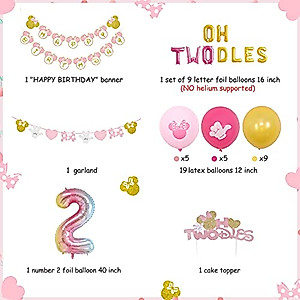 Cartoon Mouse 2nd Birthday Decorations for Girl Pink and Gold Oh Twodles Birthday Party Supplies with Cake Topper Number 2 Foil Balloon Happy Birthday Banner Garland for Cartoon Mouse Themed Party Decorations