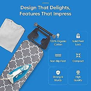 TIDY ZEBRA Compact Ironing Board Full Size European Made – ULTRA THICK PADDED FOAM AVOIDS MOLD - Organic 100% Cotton Ironing Boards Covers - Sturdy Lightweight Iron table, Bonus Iron Board Cover 13x43