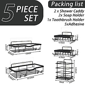 BLINGTWINKLE Shower Caddy Shelf, 5 Pack Adhesive Shower Organizer Bathroom Shelves Basket, No Drilling Rustproof Storage Organizer Rack with Hooks,Soap Caddy & Toothbrush Holder for Kitchen