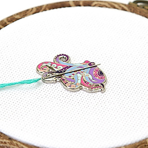 Awesome Pattern Studio Needle Minder Set - Mandala Octopus Magnetic Needle Minder + 2 Needle Threaders + Crane Scissors. Enamel Pin for Cross Stitch, Embroidery and Craft