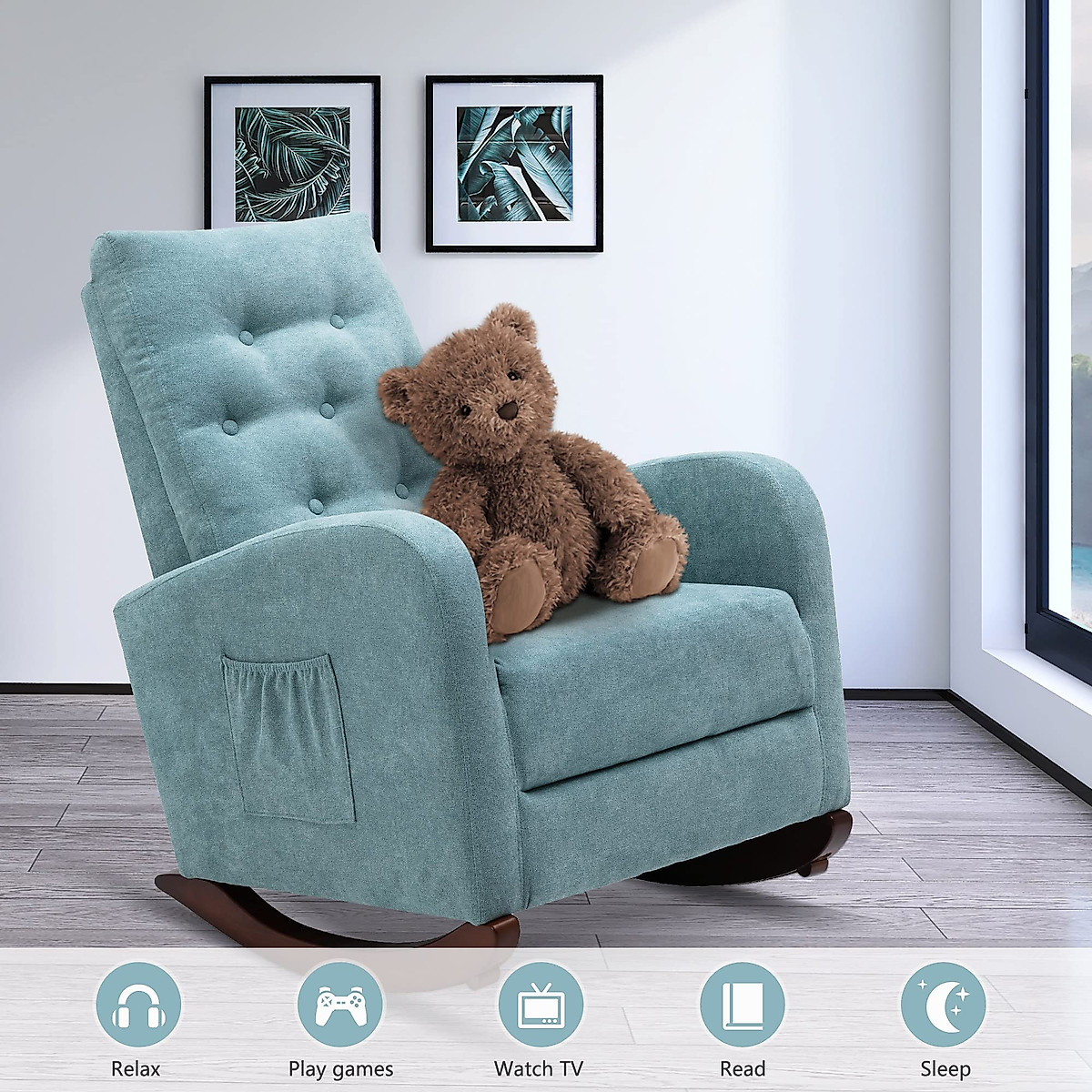 BOSTANA Rocking Chair Nursery,Upholstered Velvet Glider Chair with High Backrest & Rubber Wood Legs & Side Pocket,Rocker Armchair for Livingroom,Bedroom,Lounge,Babyroom