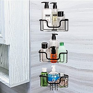 3-Pack Adhesive Corner Shower Shelf, Black Shower Caddy, Wall Mounted Rust Resistant Metal Bathroom Shelf, No Drilling Metal Storage Organizer Racks with Removable Hooks for Kitchen, Toilet and Dorm.