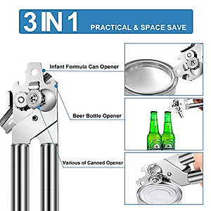 Stainless Steel Can Opener Manual Food-safe Good Grips with Built-in Bottle Opener Smooth Edge Stainless Steel Sharp Blade Safe Cover for Beer/Tin/Bottle, Food Grade-Silver