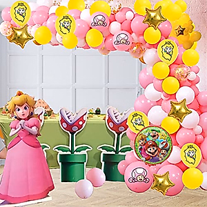 131Pcs Mario Princess Peach Decorations Peach Balloon Garland Arch Kit Include Princess Peach Balloons,Star Mario Foil Balloons for Girls Princess Peach Themed Birthday Party Decoration Supplies