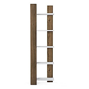 Corner Bookshelf 5 Tier Wooden Bookcase Storage Shelves Modern Living Room Decor Display Rack for Home Office Bedroom Bathroom, 63 inch, Reeta, Walnut&White