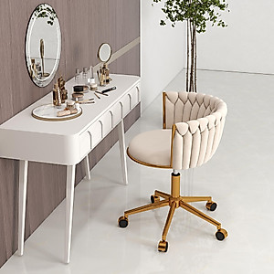 ABET Desk Chair with Wheels, Modern Velvet Office Chair for Desk, Hand Woven Vanity Makeup Chair for Girls Women Bedroom, 360° Swivel & Height Adjustable Gold Base Task Armchair, Beige