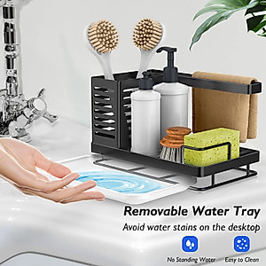 Sink Caddy, Kitchen Sink Organizer, Sponge Holder Stainless Steel Kitchen Caddy for Kitchen Sink with Removable Drain Pan Storage for Soap, Sponge, Scrubber Brush, Bottles, Dishcloth-Black