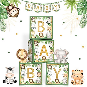 Lopeastar Safari Jungle Baby Shower Decorations Baby Boxes with Letters, 4Pcs Large Green Animals Boys Baby Shower Boxes Blocks and Baby Banner Party Decor