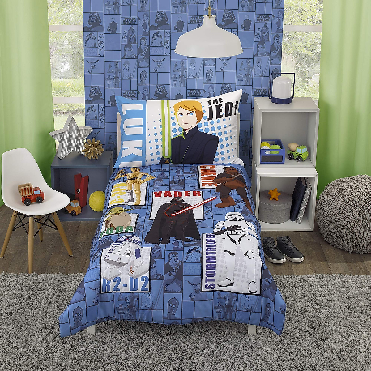 Disney Star Wars Galaxies Await 4 Piece Toddler Bedding Set Fitted Sheet, Pillow Case, Top Sheet, and Comforter Quilt - Blue