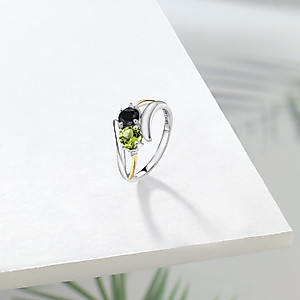 Gem Stone King 1.26 Ct Round Black Sapphire Green Peridot 925 Silver and 10K Yellow Gold Lab Grown Diamond 2 Stone Crossover Ring (Size 5)