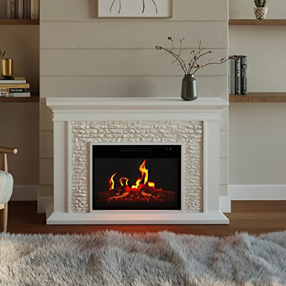 Electric Fireplace with Mantel - Freestanding Heater with Remote Control, Light-Adjustable LED Flames, and Faux Logs and Stones by Northwest (White)