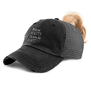 Speedy Pros Womens Ponytail Cap Wake up Beauty Time to Beast A Embroidery Cotton Distressed Trucker Hats Strap Closure Black