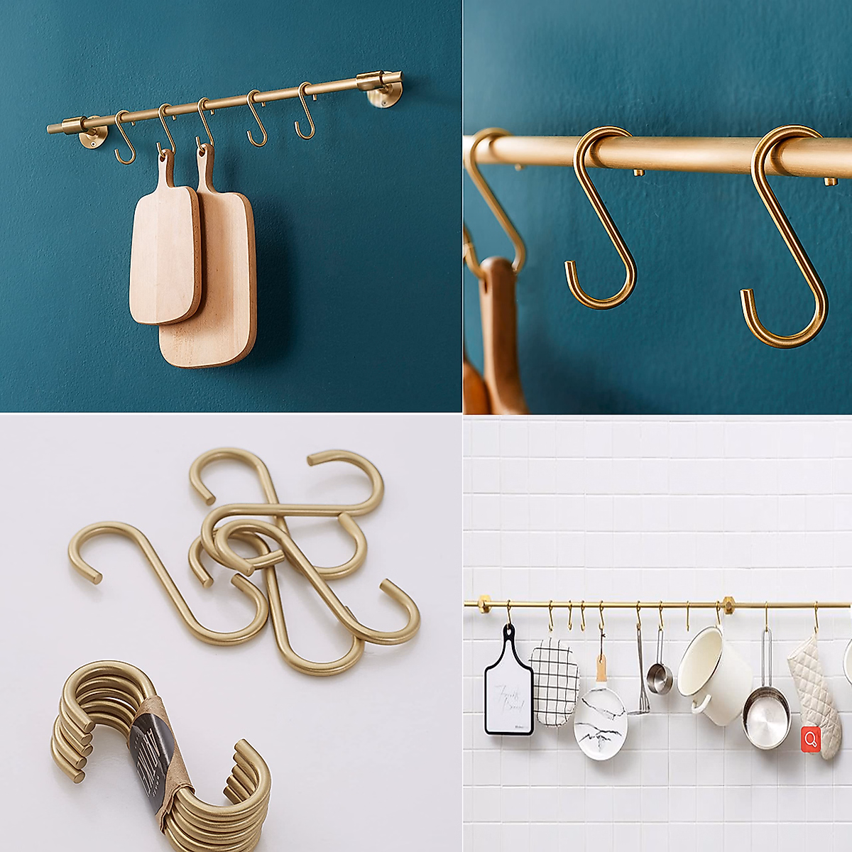 12 Piece Brass S Shaped Hooks, Gold Coat Clothes Towel Hangers, Kitchen Pots Pans Coffee Cups Rack Hooks