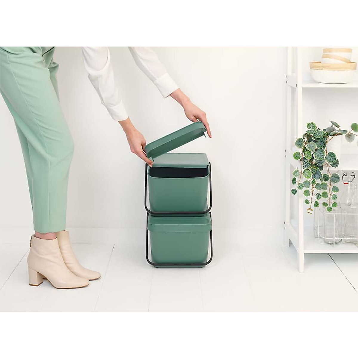 Brabantia Sort & Go Stackable 5.3 Gallon Recycling Wastebasket (Fir Green) Flat Top Trash Can with Carry Handle, Storage Bin, Paper Basket - 11 x 17.7 x 8.9 inches
