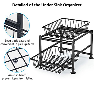 Under Sink Organzier, 1Easylife 2 Tier Sliding Cabinet Basket Under Sink Storage Pull Out Organizer Rack Black with Anti-slip Beads and Silicone Sucker Multi-purpose for Kitchen Bathroom