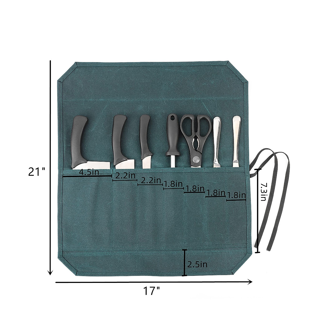 Denifiter Heavy Duty Waxed Canvas Chef Knife Storage Roll Bag With 7 Slots, Waterproof And Durable (Dark Green)