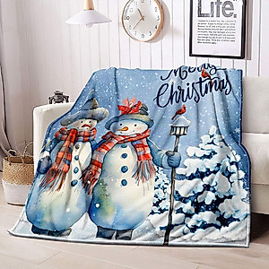 LUVIVIHOME Cute Snowman Throw Blanket, Blue Blanket, Kids Blanket, Red Cardinal Birds Winter Holiday Christmas Blanket, Cozy Warm Lightweight Soft Fuzzy Flannel Fleece Blanket for Couch, Sofa, 30"x40"