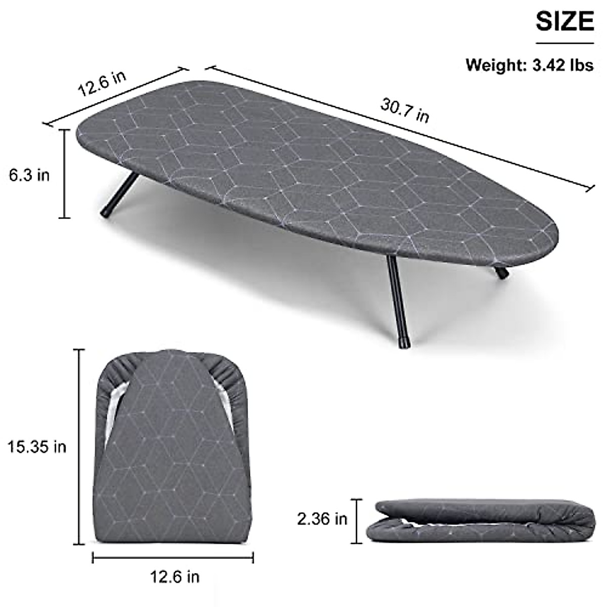 Duwee 12"x30"Table top Ironing Board with Thicken Felt Padding,Heat Resistant Cover,Foldable Ironing Boards with Stainless Steel Hook for Easy Storage
