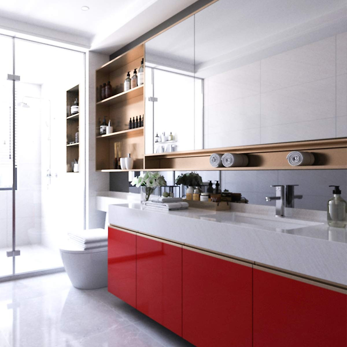 BAYYA Red Peel and Stick Wallpaper for Kitchen Bathroom Living Room Walls，Waterproof Contact Paper for Cabinets Countertops， Vinyl Furniture Stickers Decorative Self-Adhesive Film （Glitter red）