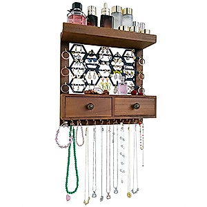 Wall Mounted Hanging Jewelry Organizer with 2 Big Storage Wooden Drawers + Honeycomb Earring Holder. Jewelry Stand with 2-layer Shelves +18 Necklace Hooks Display Bracelet, Ear Studs, Ring. Girl Gift
