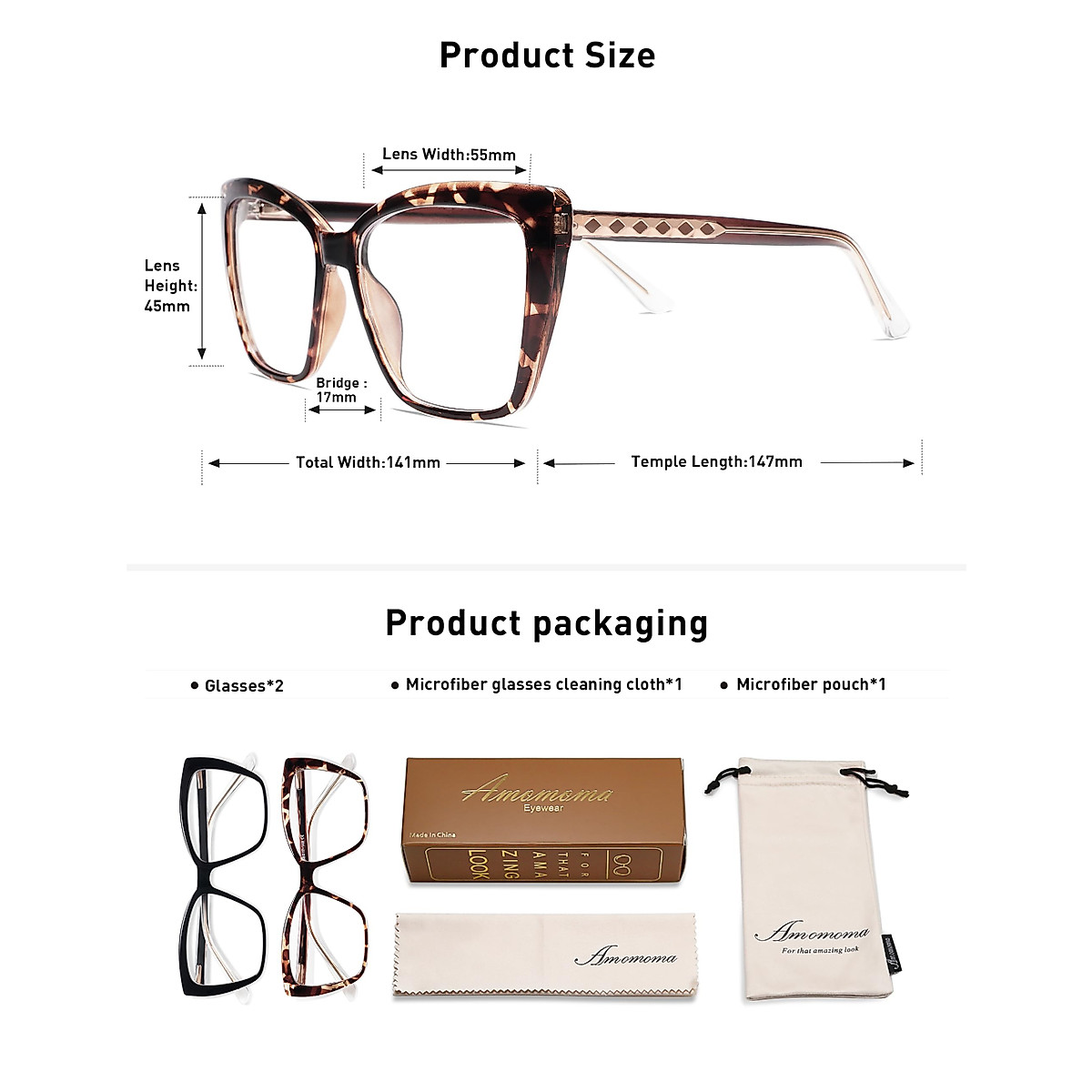 AMOMOMA Trendy TR90 Oversized Blue Light Reading Glasses Women,Stylish Square Cat Eye Glasses AM6031 C1+C6 1.5 x