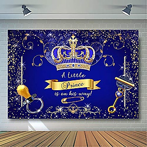 Avezano Royal Prince Baby Shower Backdrop for Party Decorations Royal Blue Gold Crown Little Prince Baby Shower Photoshoot Photography Background (7x5ft)