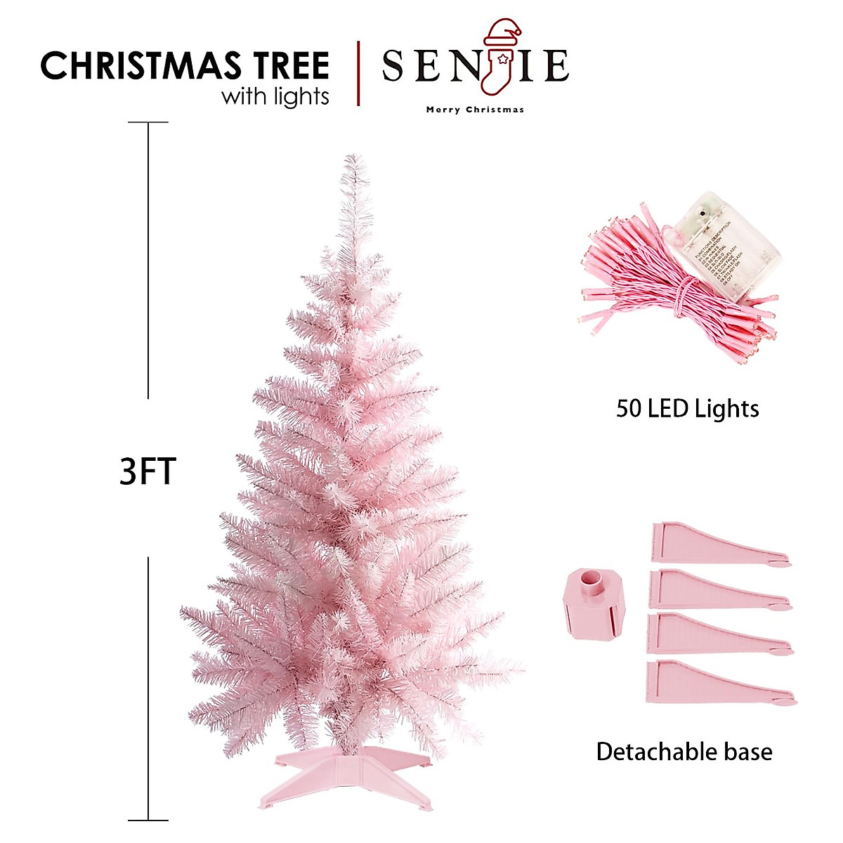 Senjie 3FT Mini Christmas Tree, 160 PVC Branch Tips, Cherry Blossom Pink, Battery Operated