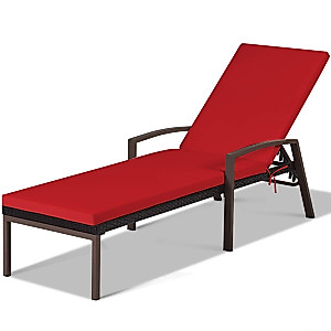 RELAX4LIFE Outdoor Chaise Lounge Chair - 5-Position Adjustable Rattan Pool Chair w/Cushion, Recliner Chair, Metal Frame, Reclining Wicker Lounger for Balcony, Beach, Patio Lounge Chair (Red)